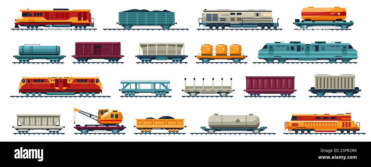 Cargo locomotive. Freight railway train and coal transportation wagon ...