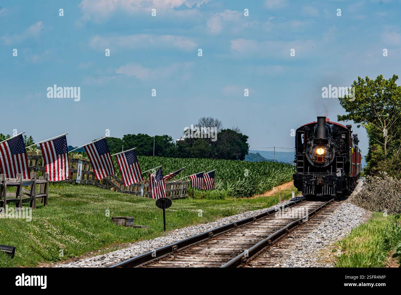 A classic steam train moves along the tracks in lush green countryside ...