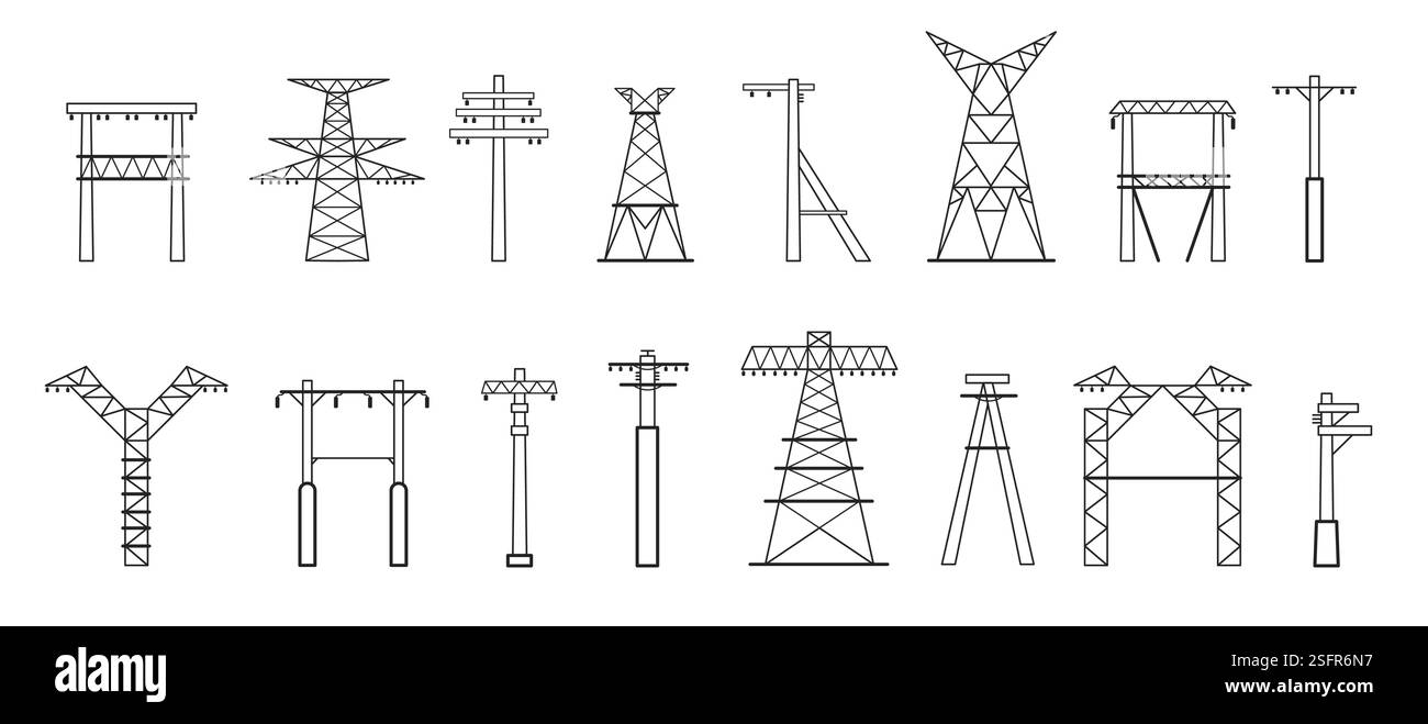 Electric pole set. Power line pylon energy transmission construction ...