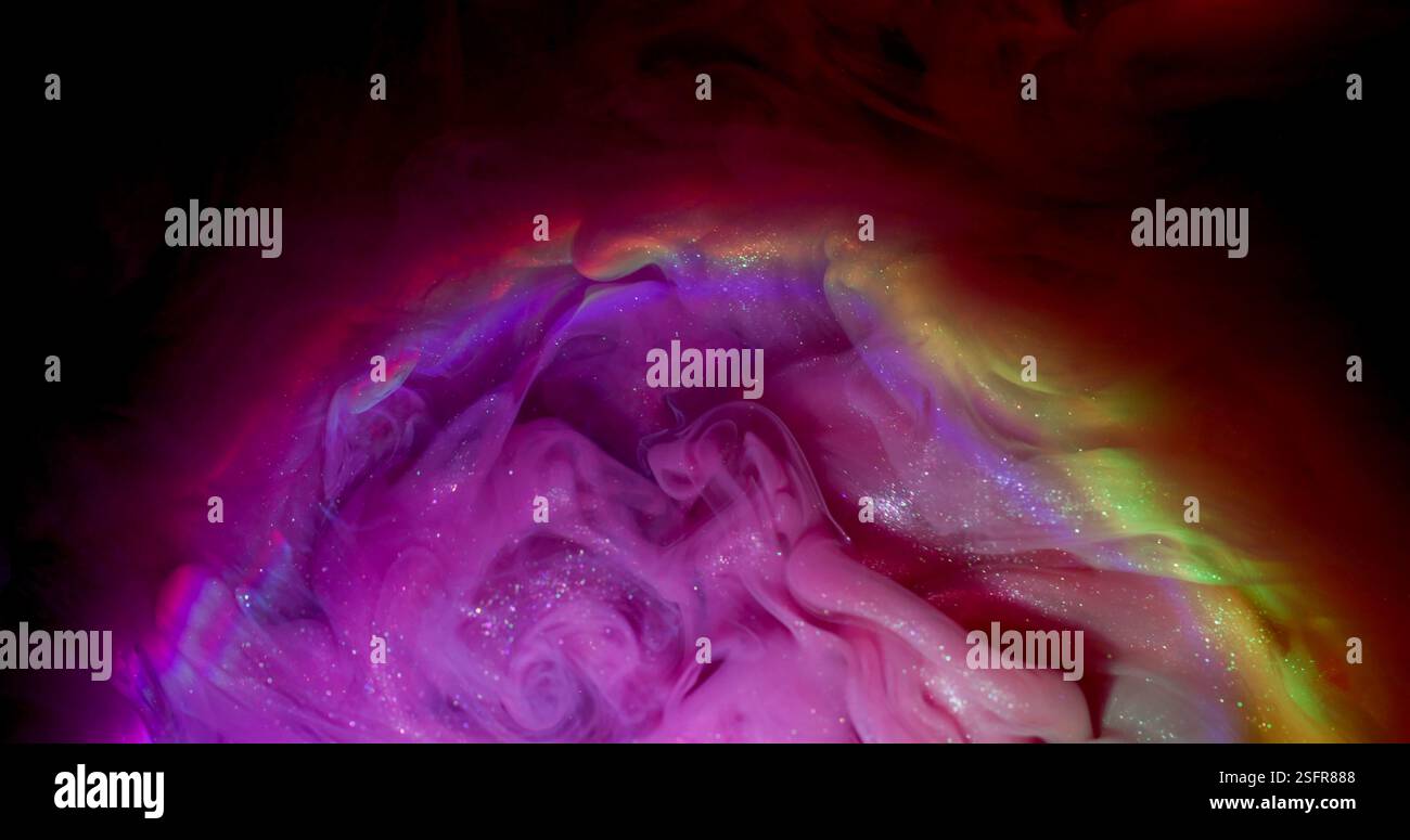 Sparkling flow. Smoke spectrum. Purple violet paint colorful pigment ...