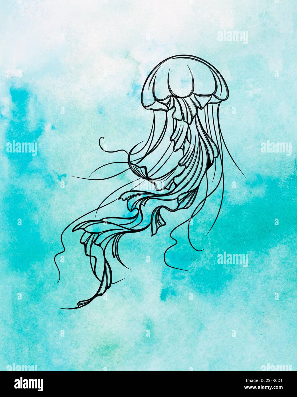 Sketch of jellyfish on a turquoise watercolor background. Hand drawn ...