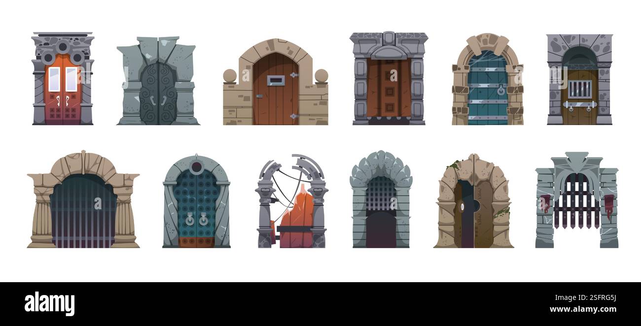 Castle door. Cartoon medieval wooden stone and iron gates for fantasy ...