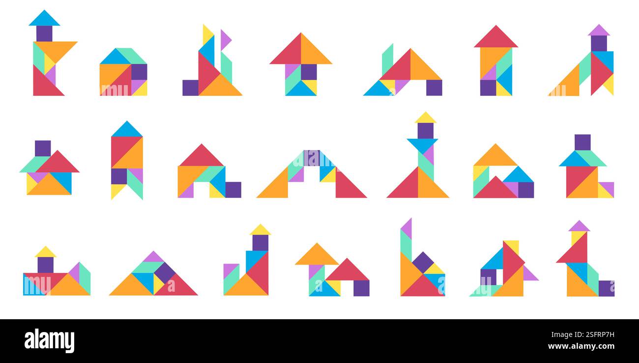 Tangram buildings. Geometric kids puzzle game with colored triangle ...