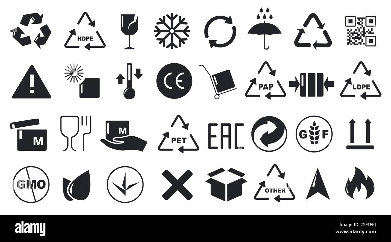 Packaging and recycling symbols. Food packaging warning signs, frozen ...