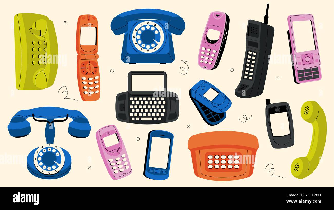Vintage phones. Cartoon retro telephone devices and cell phones ...