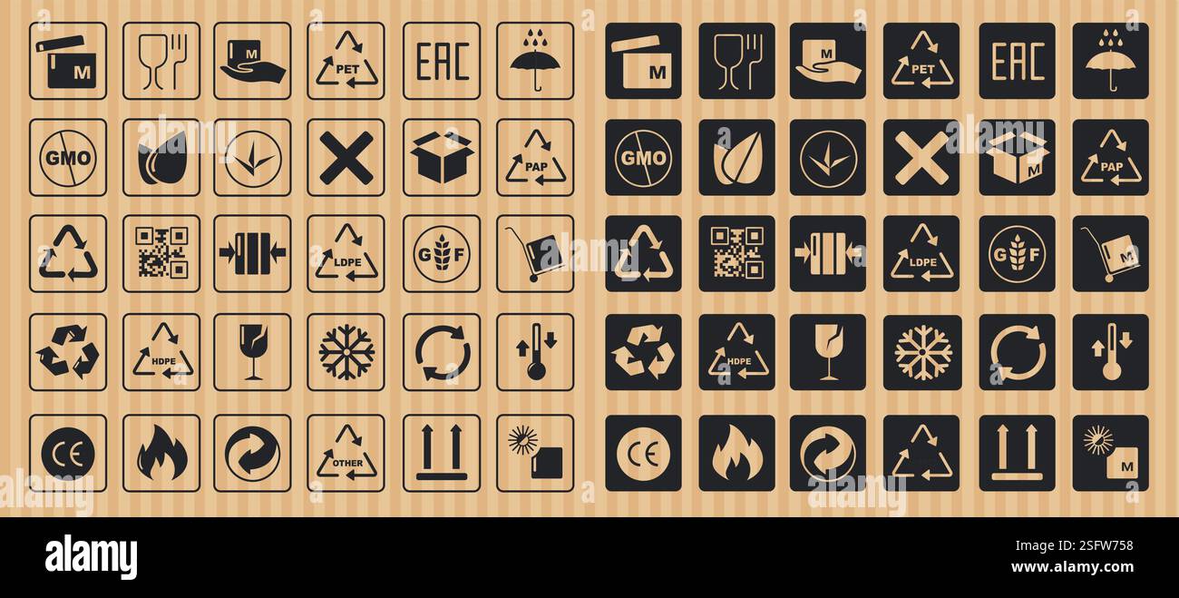 Packaging safety symbols. Delivery cargo transport stickers with ...