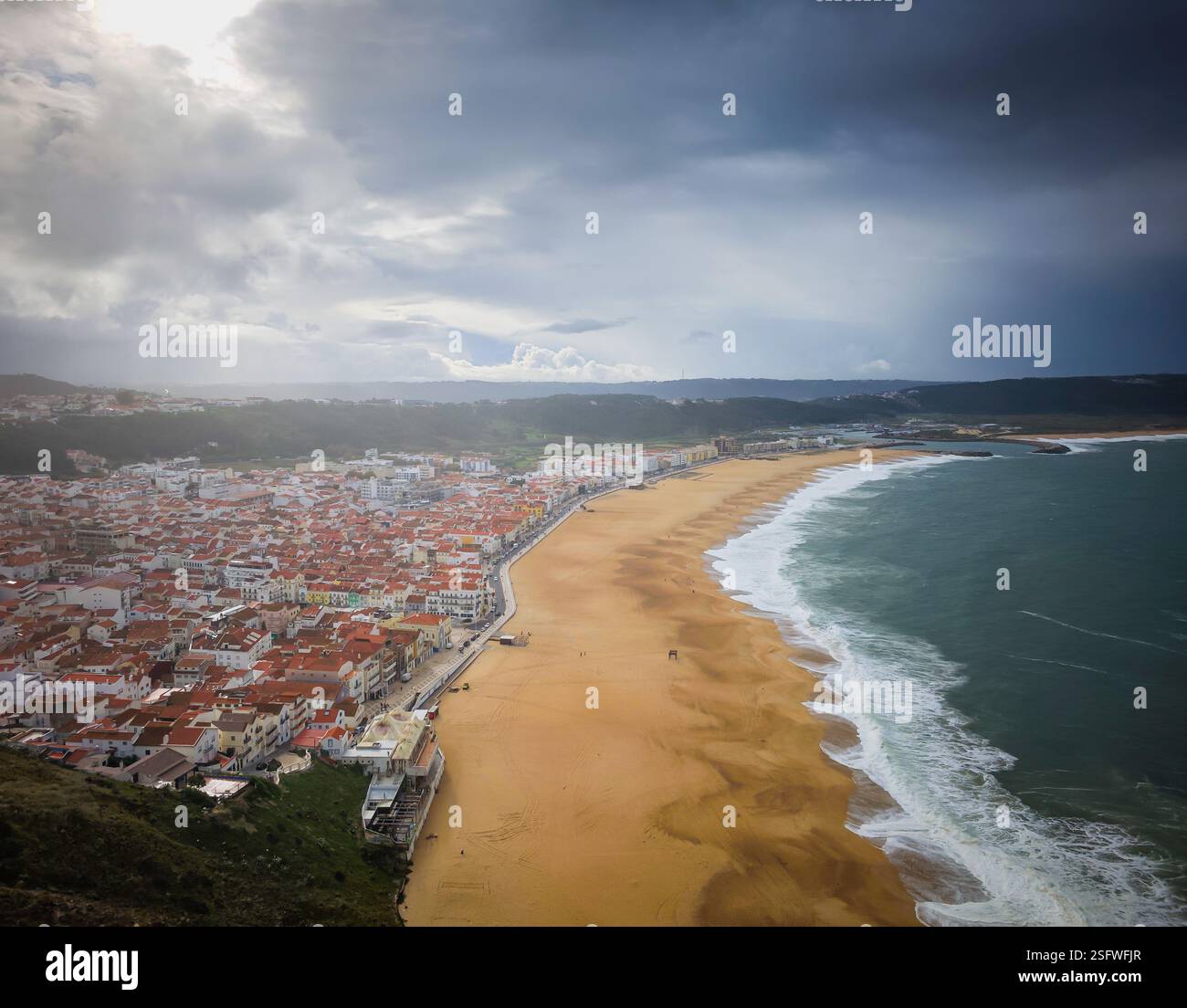 Aerial view of Nazare beach, Portugal. Panoramic landscape of Nazare ...