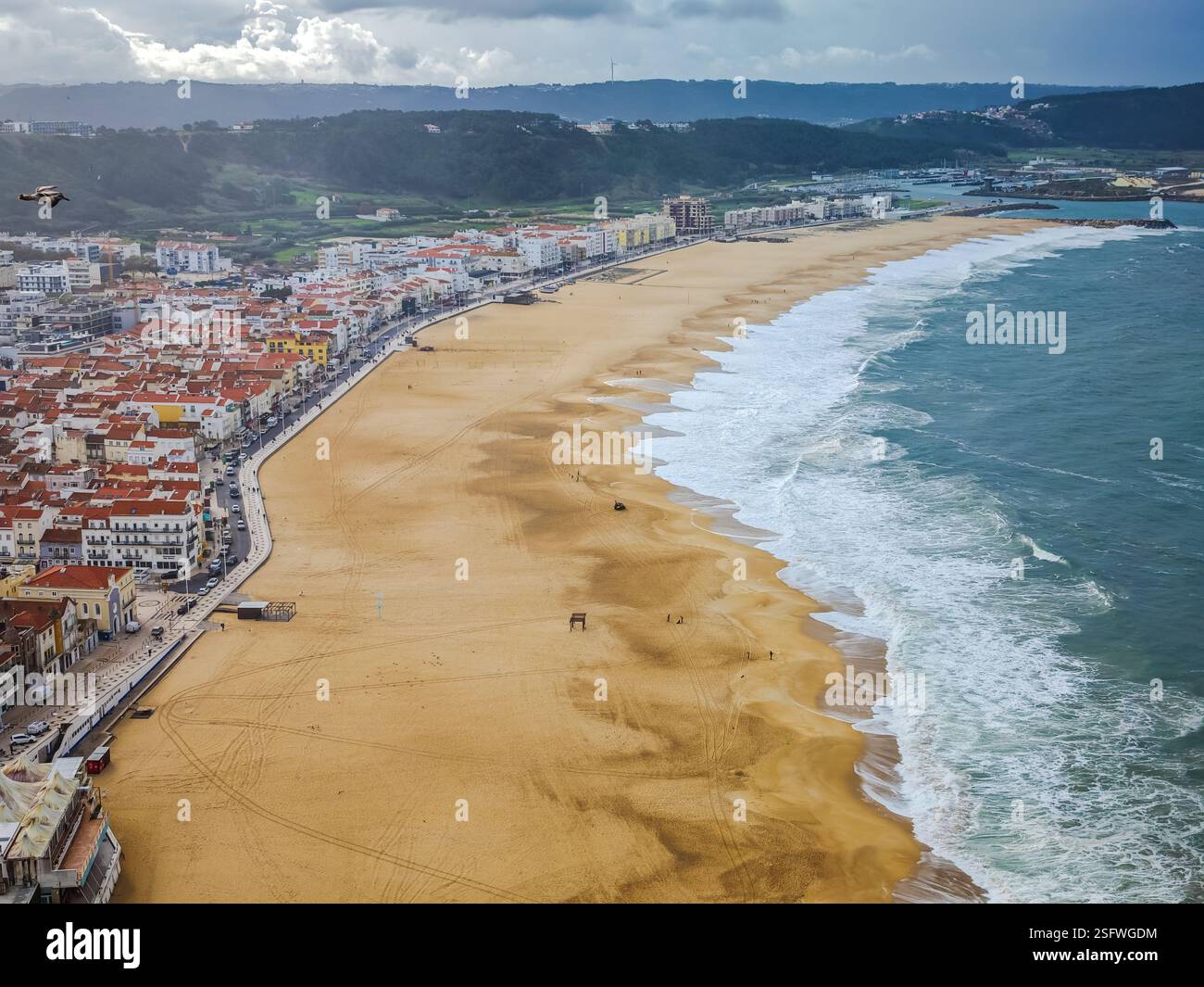 Aerial view of Nazare beach, Portugal. Panoramic landscape of Nazare ...