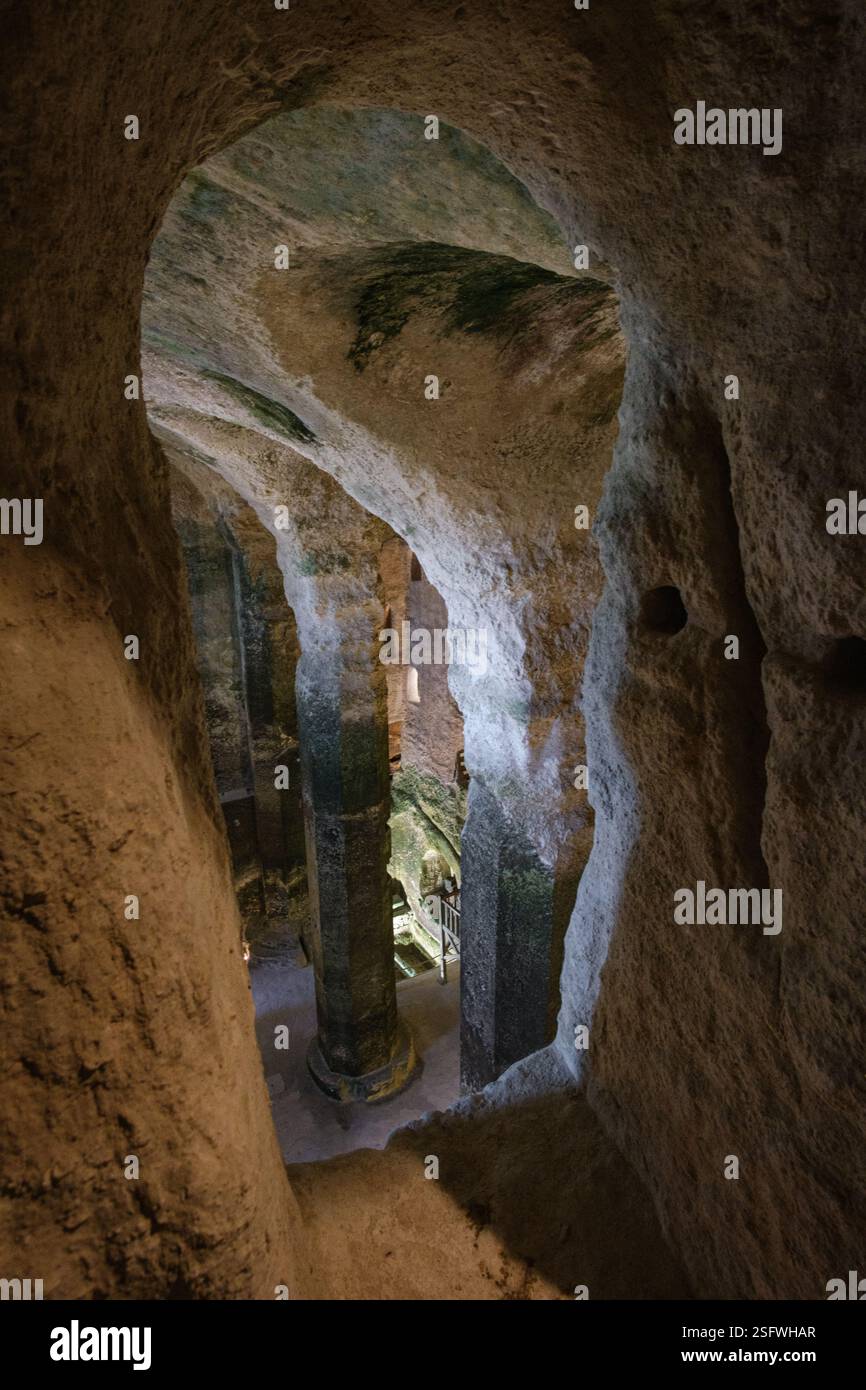 vertical view inside Saint-John troglodytic church, with pillars, from ...