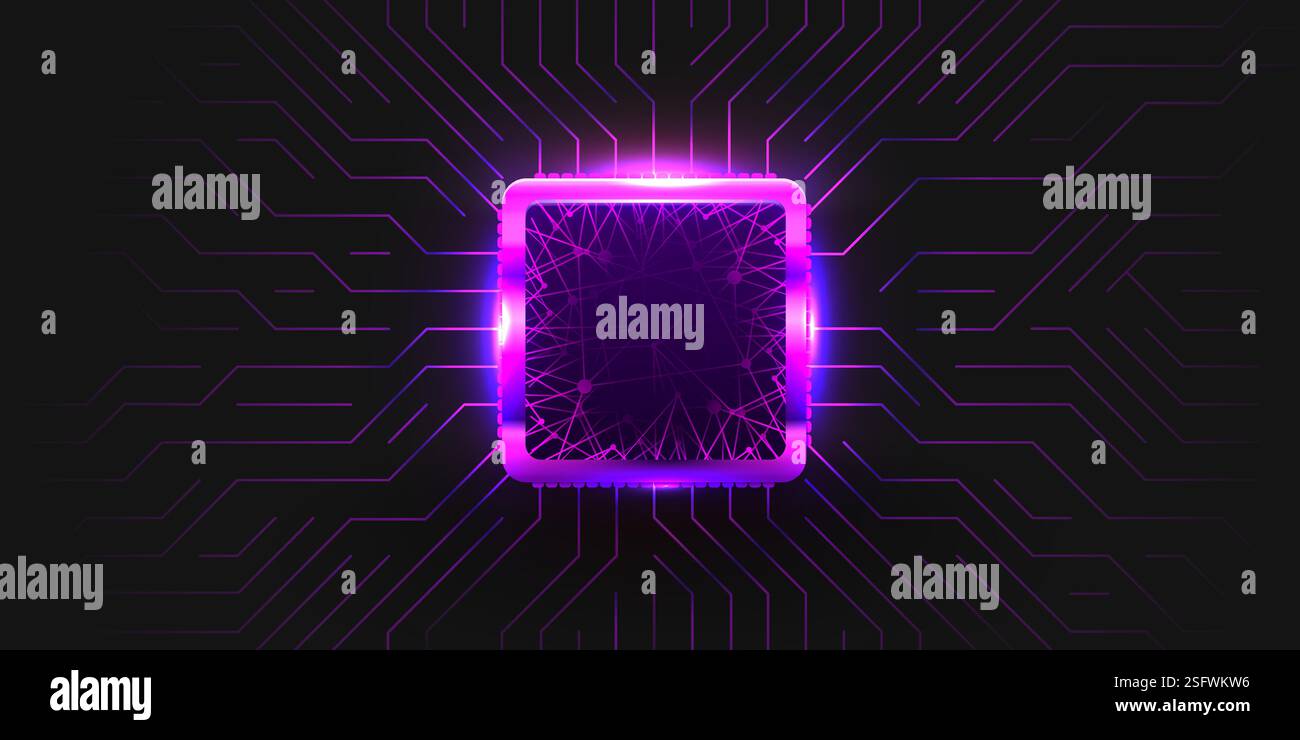 Brightly glowing AI chip on circuit board. Technology background. CPU ...