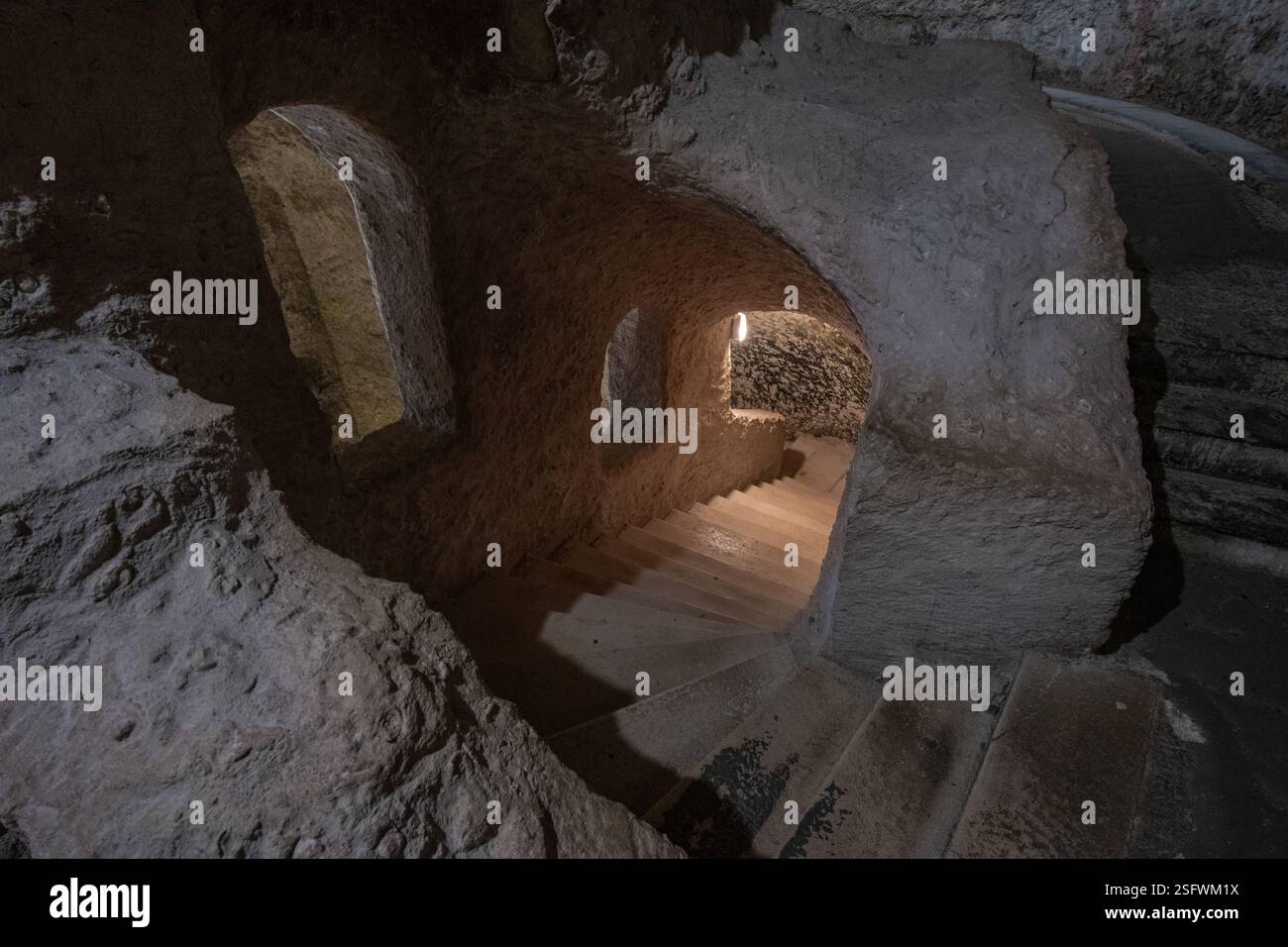 horizontal downstair view from above, inside Saint-John troglodytic ...