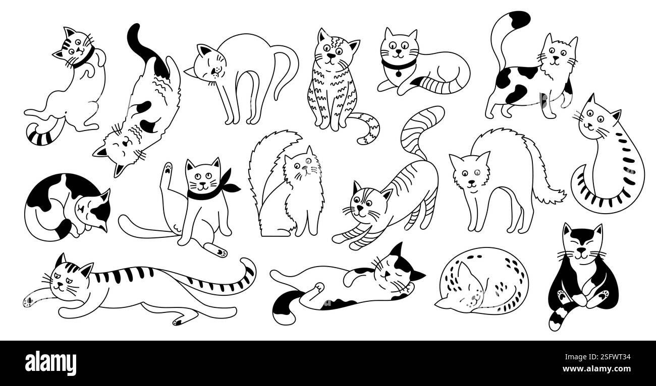 Cute doodle cats. Funny kitten animal characters with different cat ...