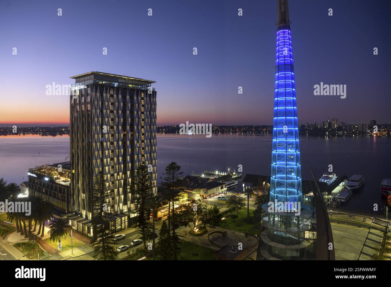 View of the Swan River from the city centre, blue hour, Perth, State of ...