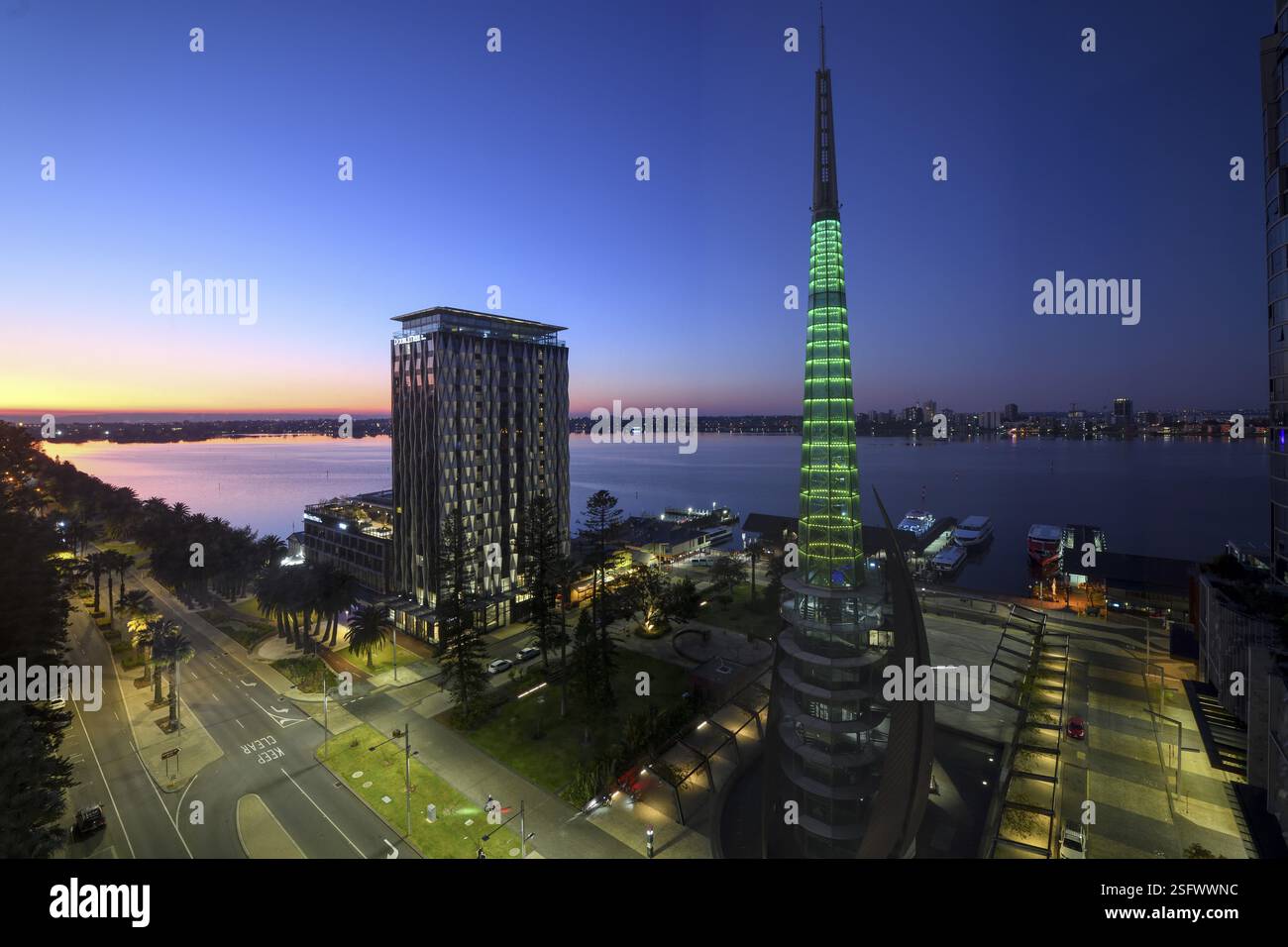 View of the Swan River from the city centre, blue hour, Perth, State of ...