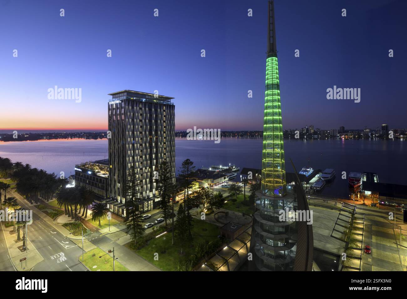 View of the Swan River from the city centre, blue hour, Perth, State of ...