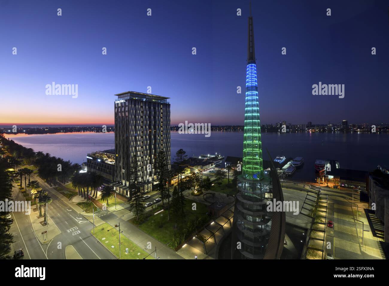 View of the Swan River from the city centre, blue hour, Perth, State of ...
