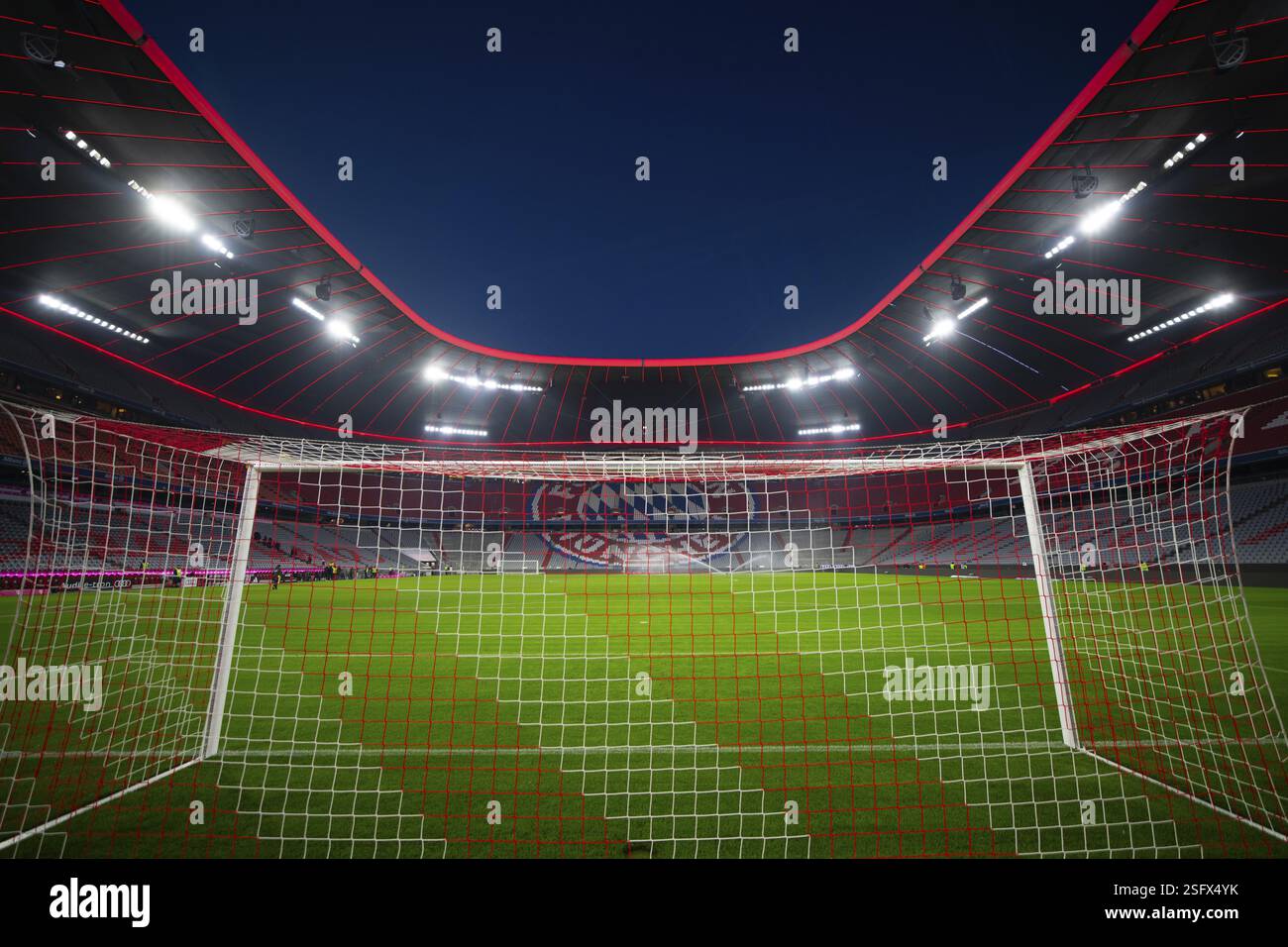 Tor tor, goal net, stadium, empty, interior, illuminated, blue hour ...