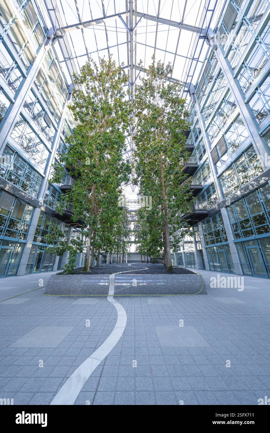 Symmetrical courtyard in a modern building with trees under a glass ...