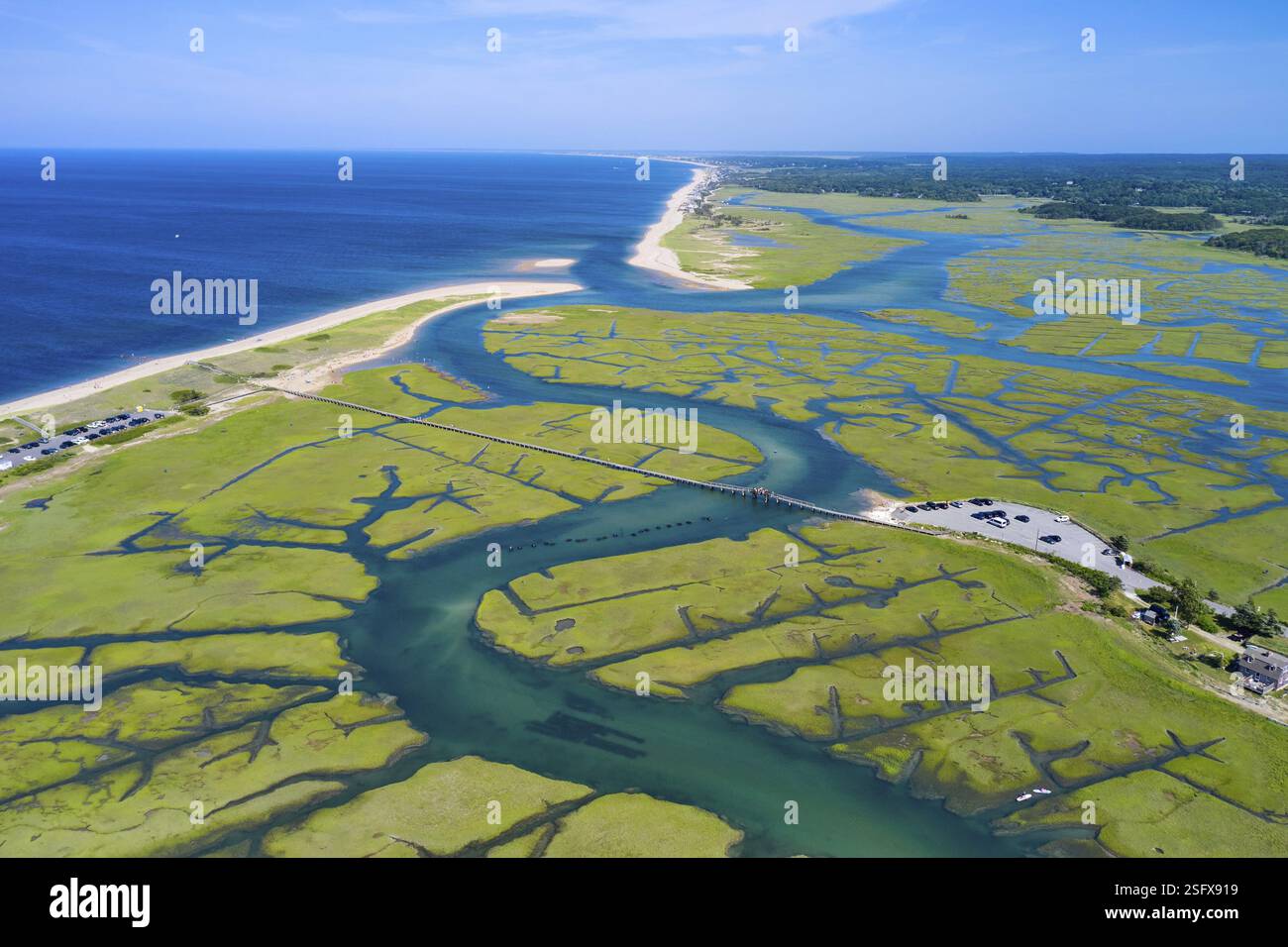 Aerial view of Sandwich Boardwalk, Town Neck beach and salt marshes ...