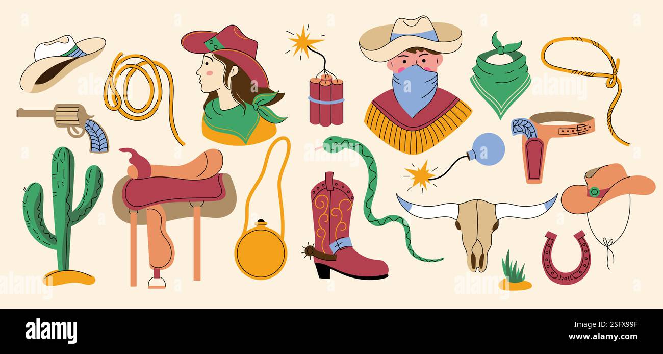Doodle cowboy set. Cartoon wild west stickers, cute western elements ...