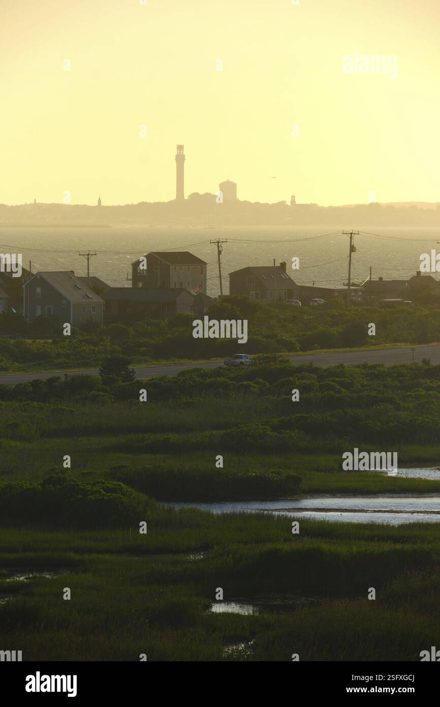 Provincetown and Pilgrim monument at sunset, Cape Cod, Provincetown ...