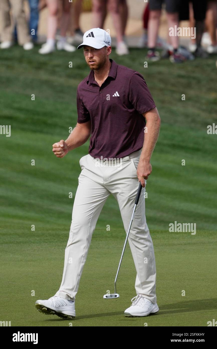Daniel Berger pumps his fist after sinking a birdie putt on the ninth hole during the final ...