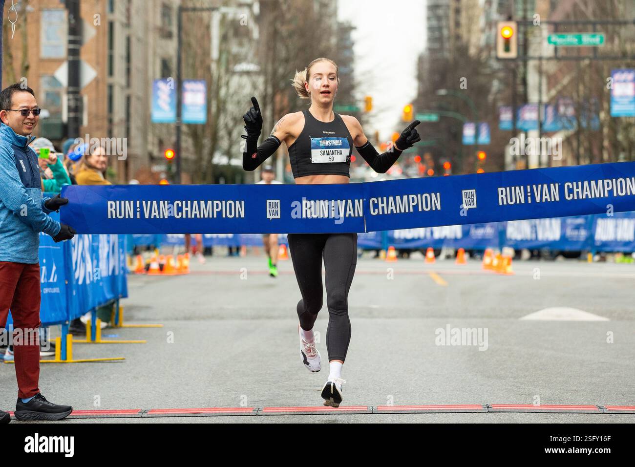 Vancouver, Canada - 9 Feb, 2025. Samantha Jory crossing the finish line ...