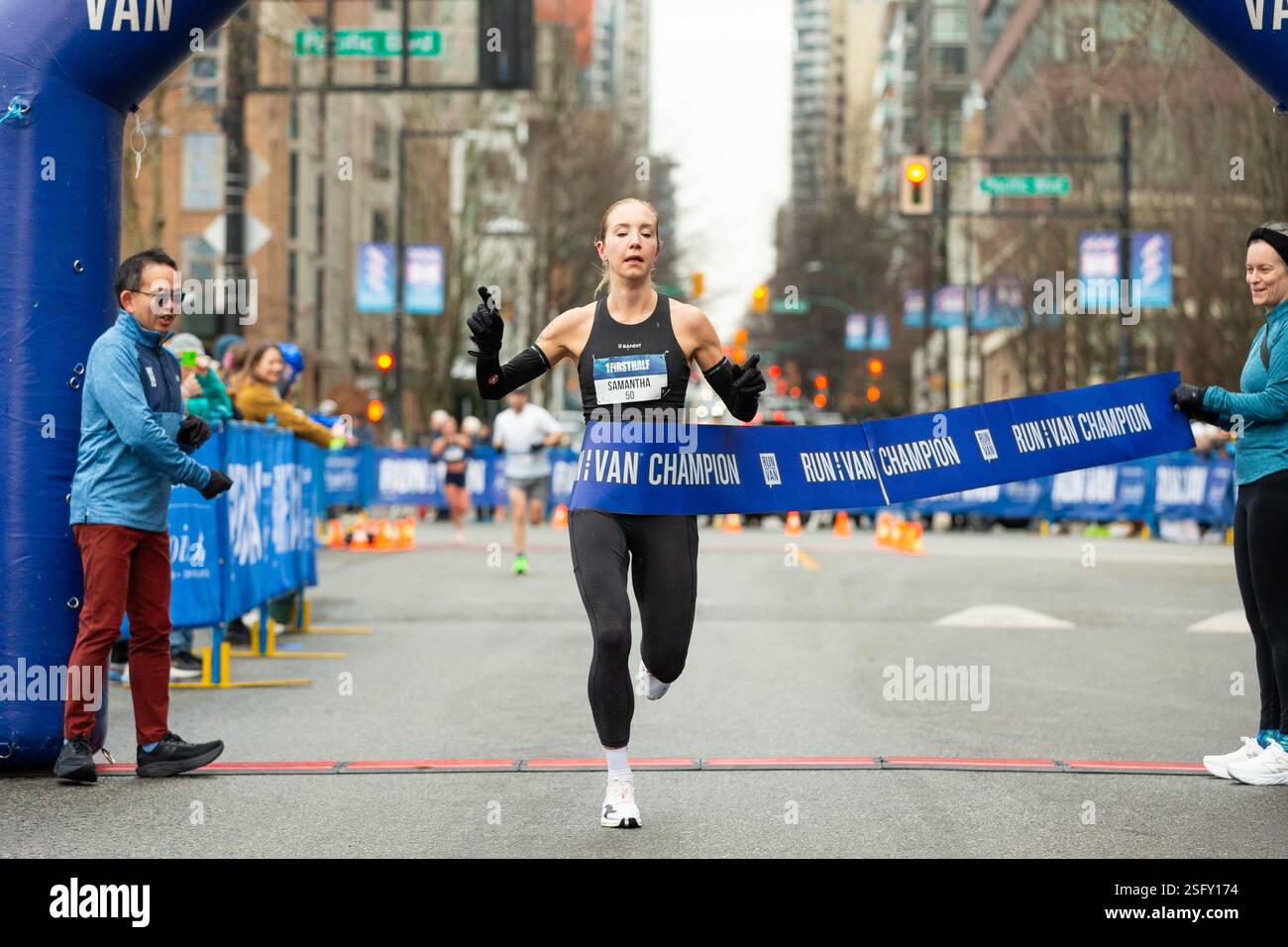 Vancouver, Canada - 9 Feb, 2025. Samantha Jory crossing the finish line ...