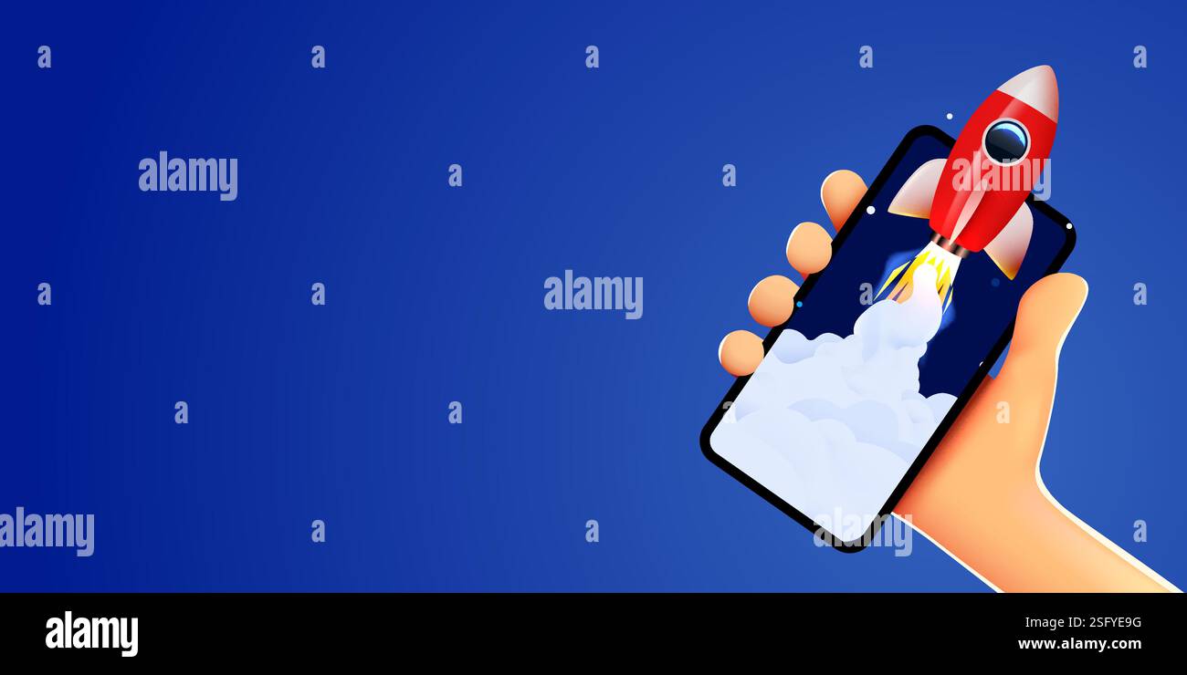 Cute cartoon hand holding mobile smartphone with launching rocket ...