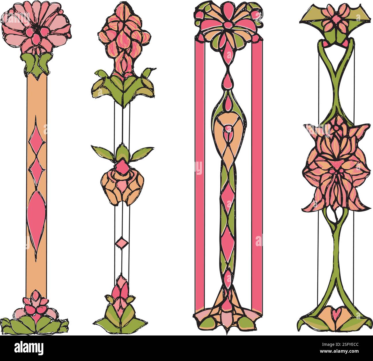 Art nouveau stained glass floral window panes. Set of four art nouveau ...