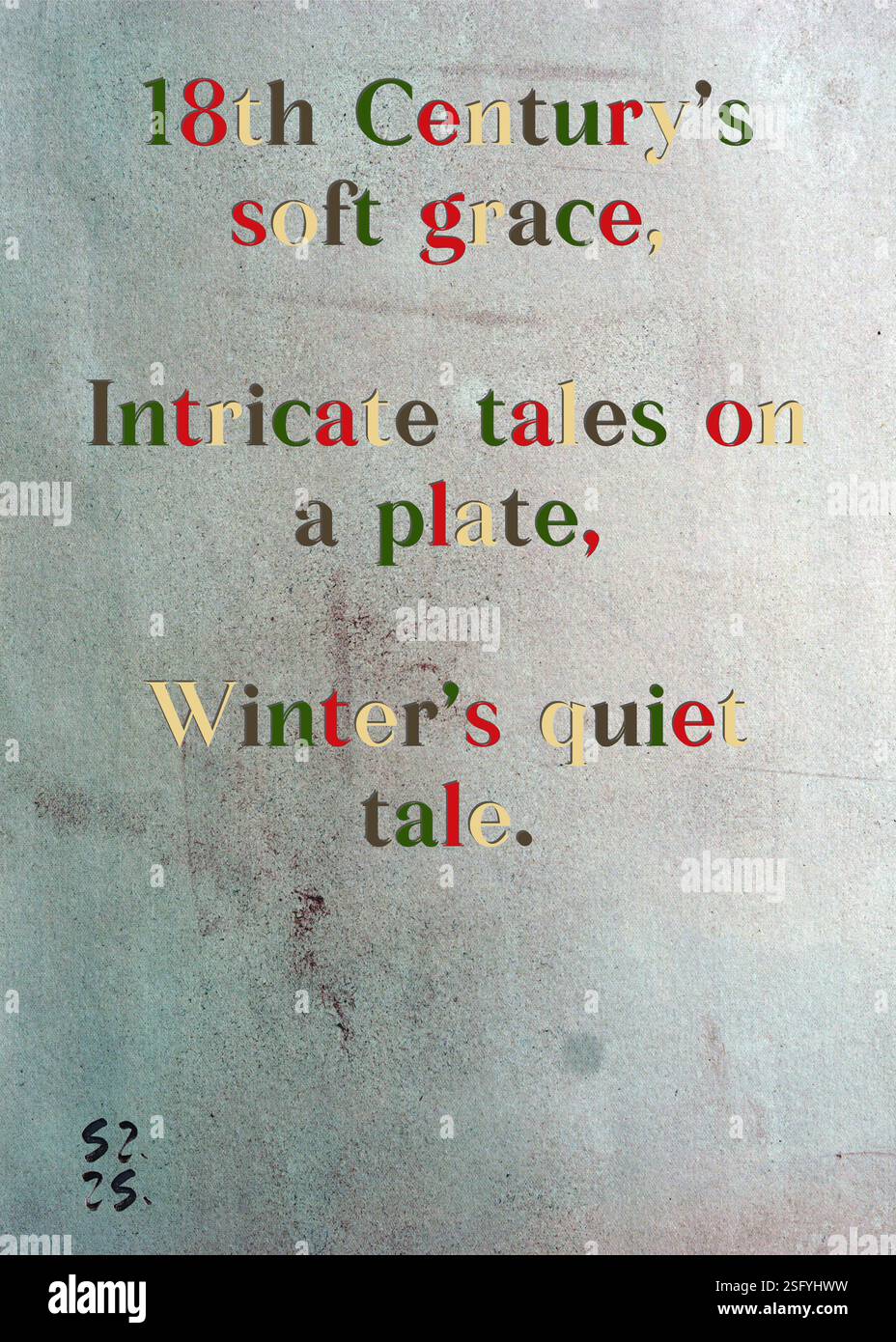 18th Century's soft grace, Intricate tales on a plate, Winter's quiet ...