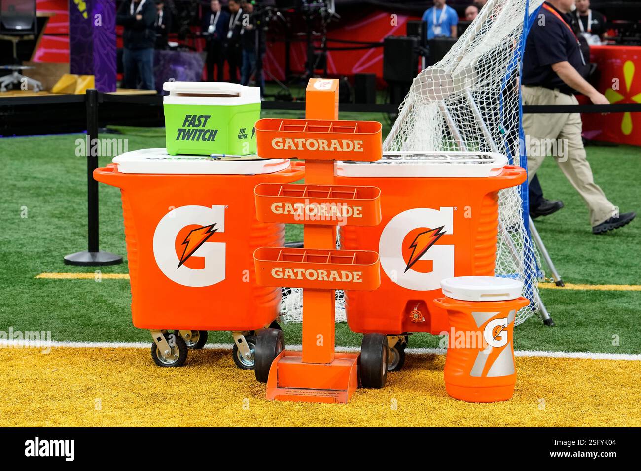 Gatorade coolers sit on the sideline before the NFL Super Bowl 59 ...