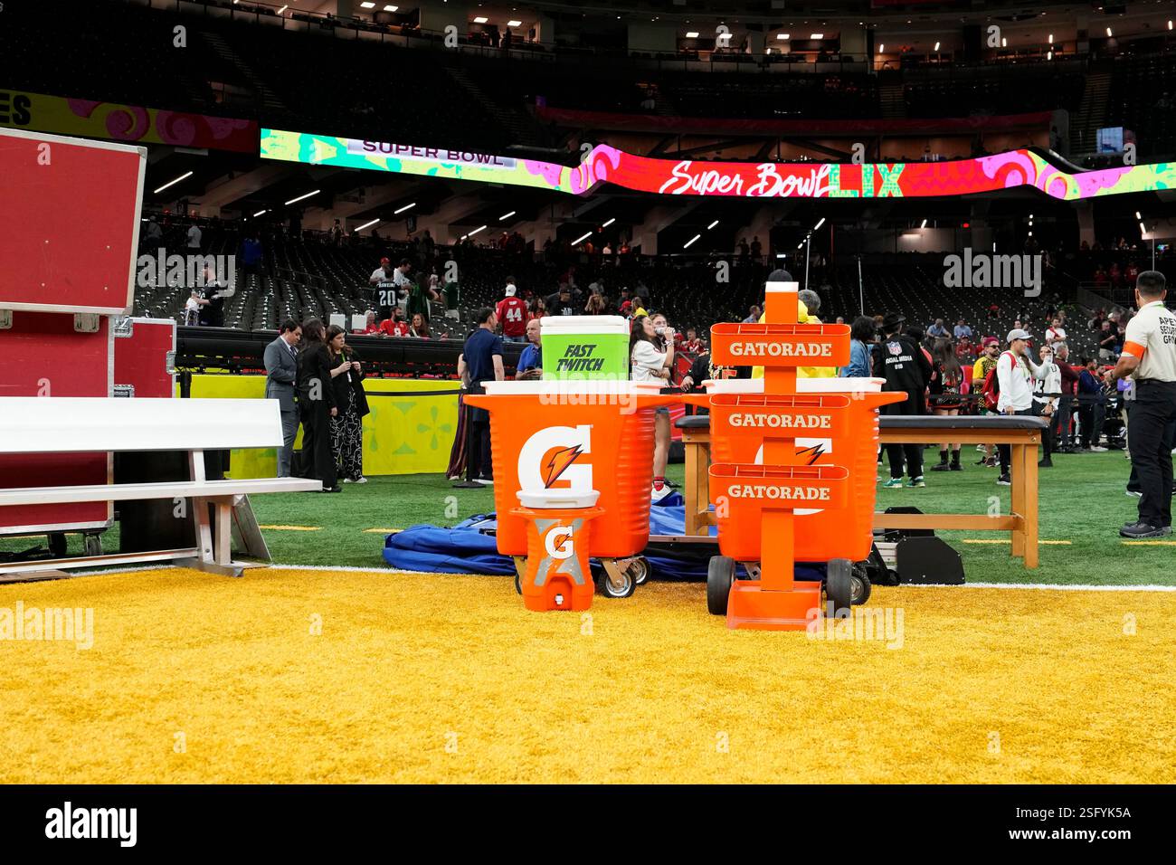 Gatorade coolers sit on the sideline before the NFL Super Bowl 59 ...