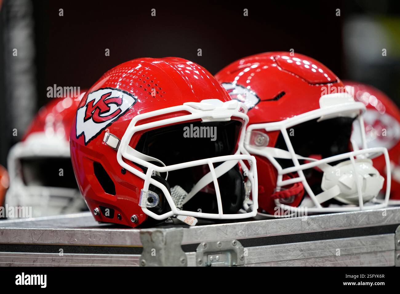 Kansas City Chiefs helmets sit on a case before the NFL Super Bowl 59 ...