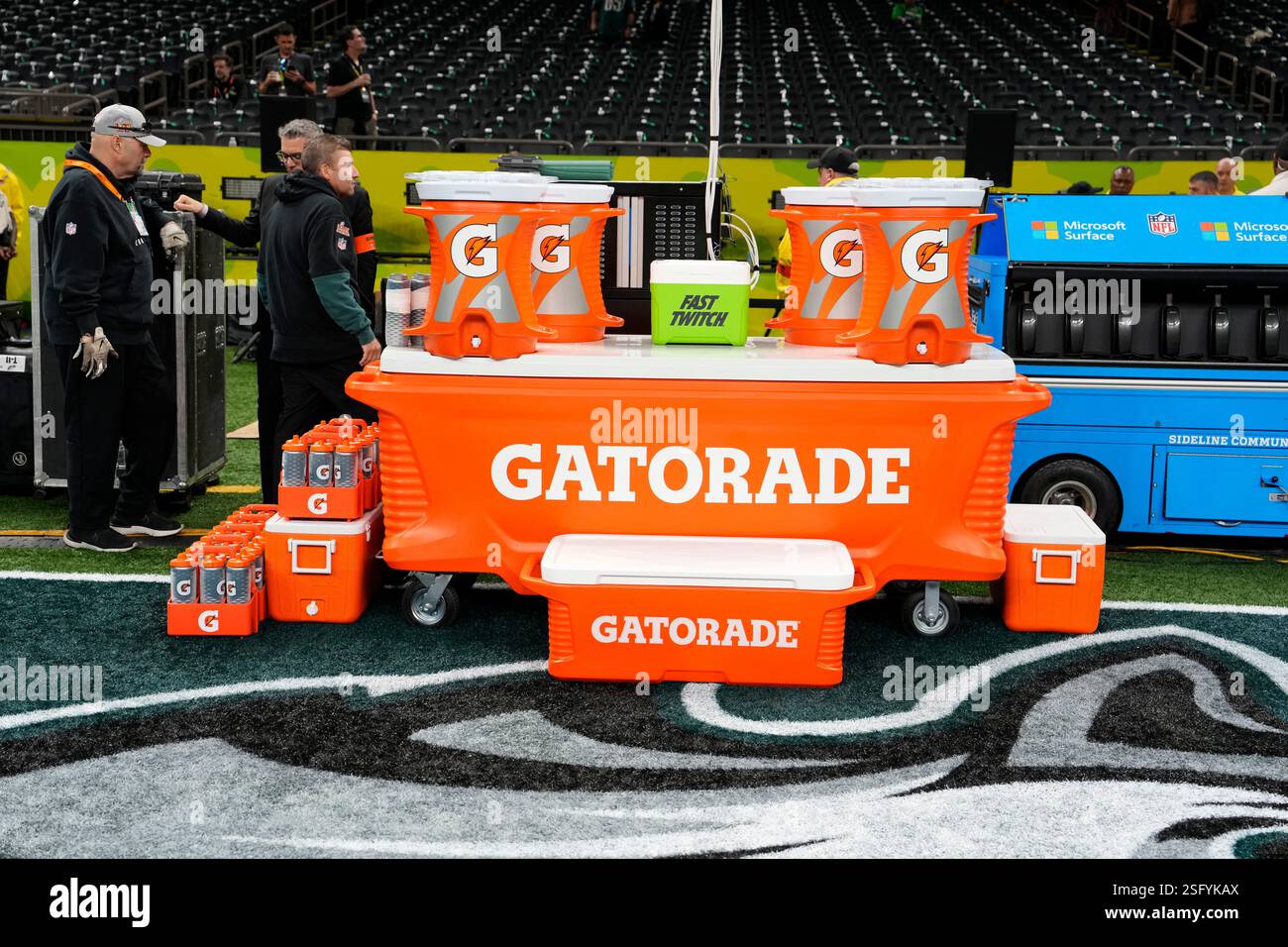 Gatorade coolers sit on the sideline before the NFL Super Bowl 59 ...