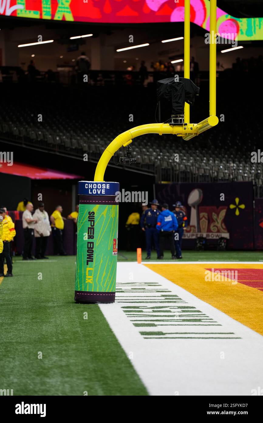 Super Bowl goal post wraps are displayed before the NFL Super Bowl 59 ...