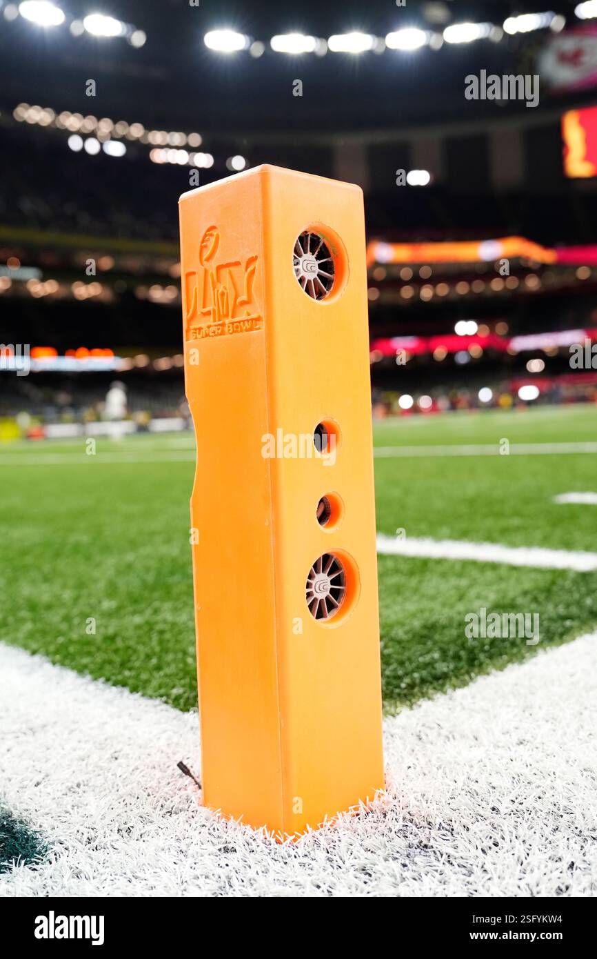 The end zone pylon sits on the field before the NFL Super Bowl 59 ...