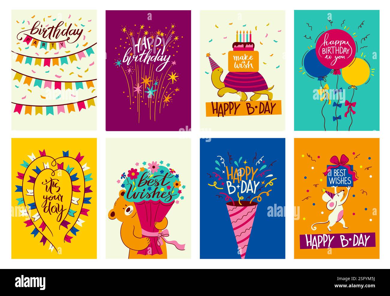 Happy Birthday card. Cartoon celebrate party comic postcard with funky ...