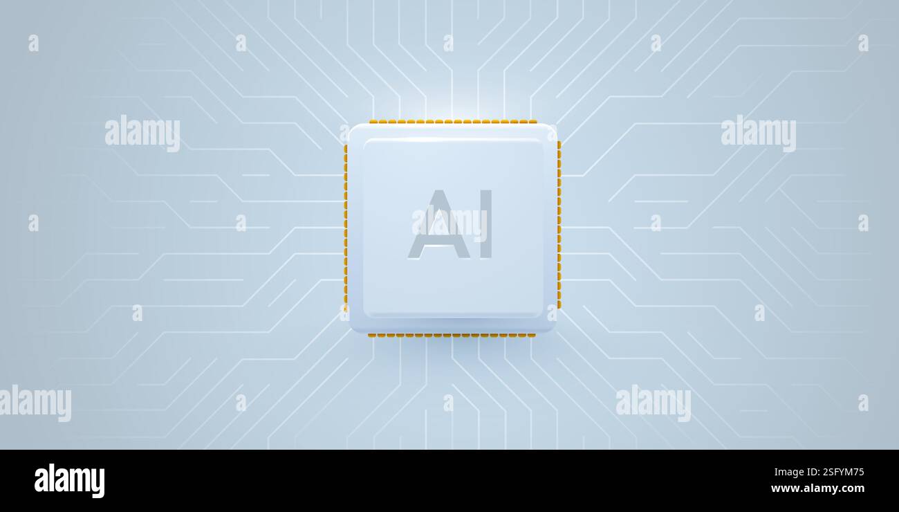 Brightly glowing AI chip on circuit board. Technology background. CPU ...