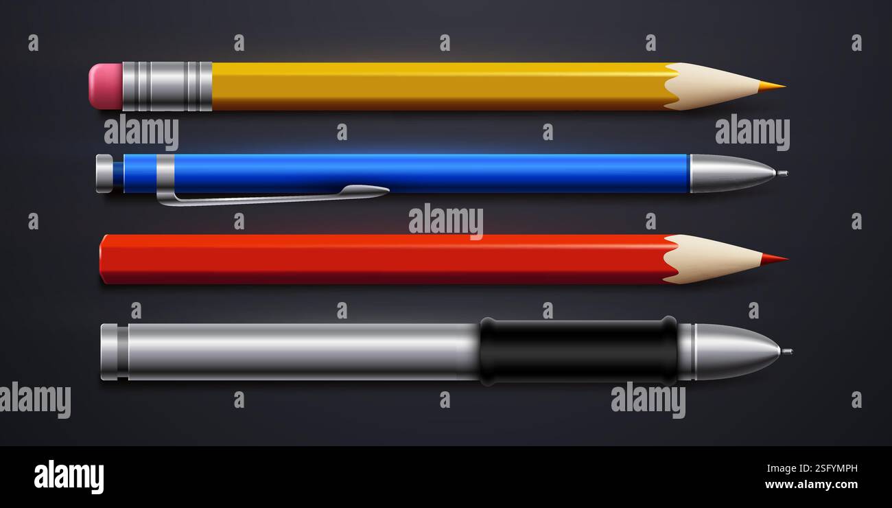 Set of Realistic 3D Pencils and Elegant Ball Pens Isolated in dark ...