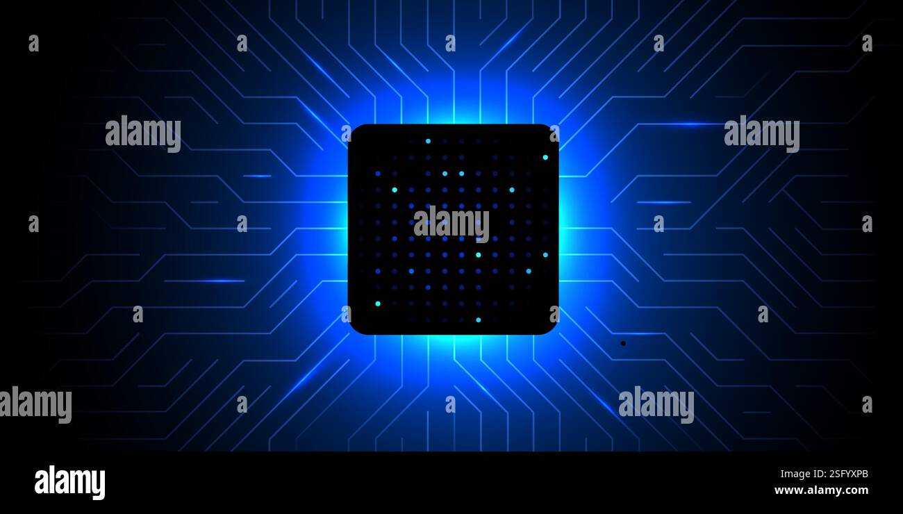Brightly glowing AI chip on circuit board. Technology background. CPU ...