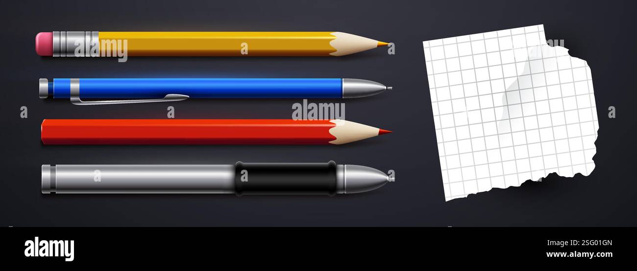 Set of Realistic 3D Pencils and Elegant Ball Pens with note paper ...