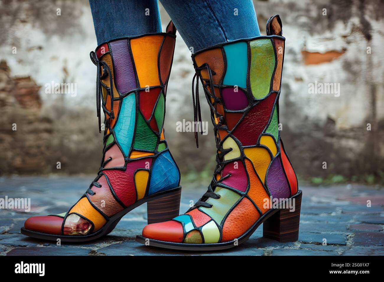 Psychedelic stained glass boots in shades of blue imitating a stained ...