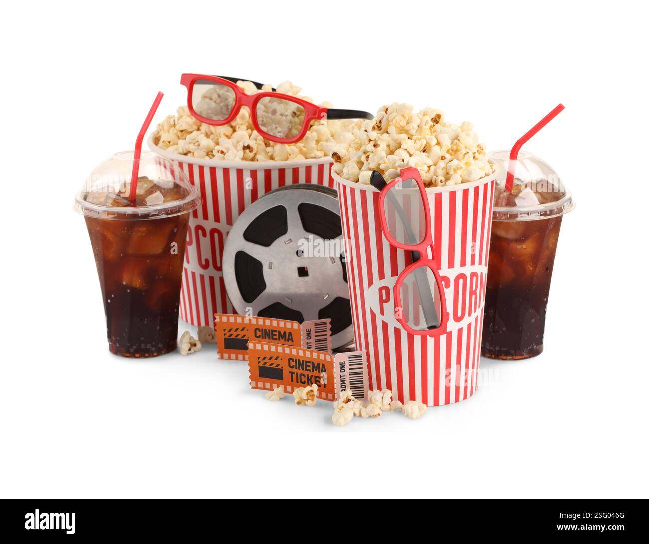 Tasty popcorn, film reel, glasses, clapper, soda drinks and movie tickets isolated on white ...