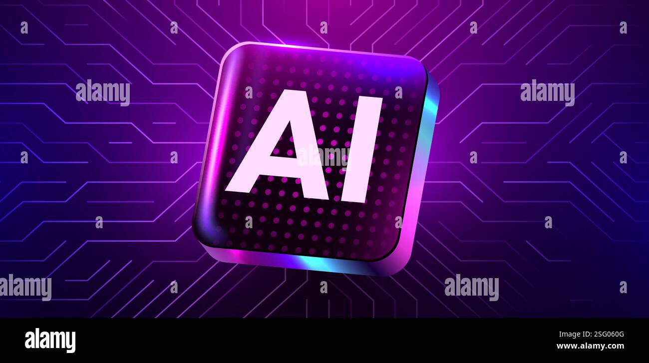 Brightly glowing AI chip on circuit board. Technology background. CPU ...