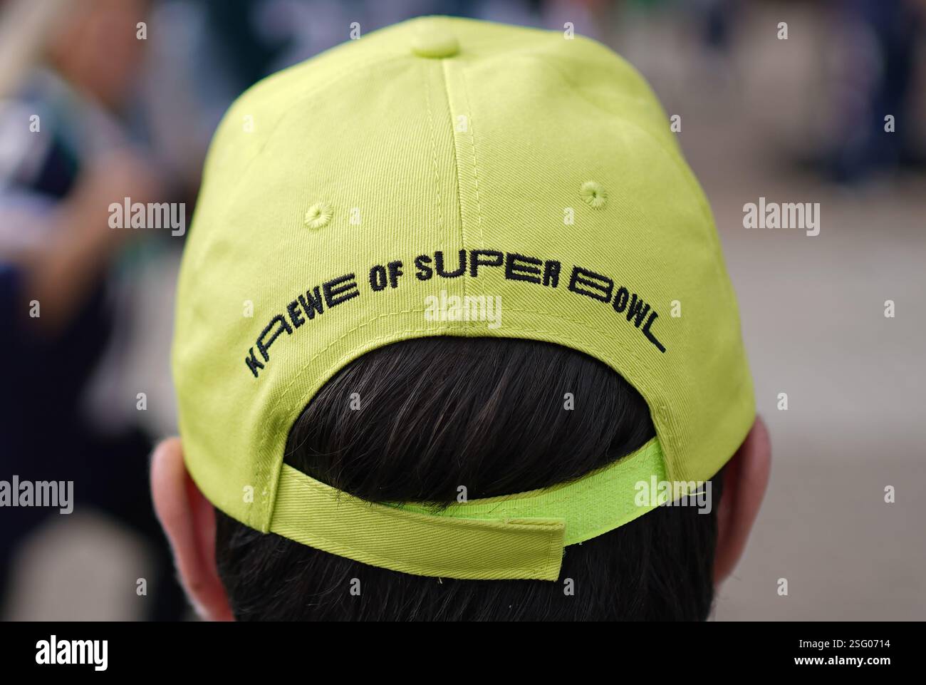 New Orleans, United States. 09th Feb, 2025. A fan wears a Krewe of ...