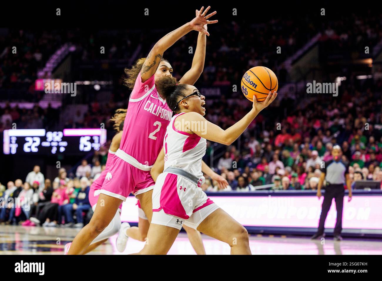 Notre Dame guard Olivia Miles, right, drives as California guard Jayda ...