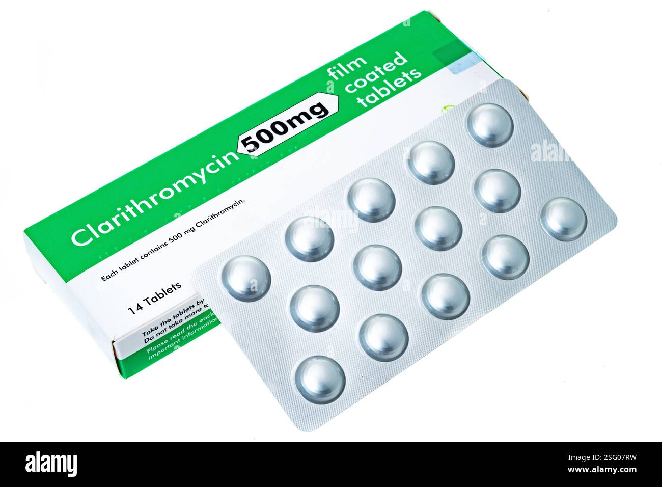 A generic box of Clarithromycin antibiotic tablets - white background ...