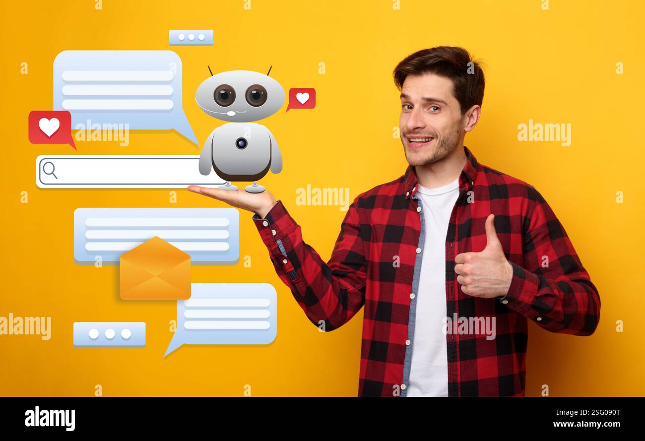 Man showcases virtual assistant with chat bubbles in modern technology ...