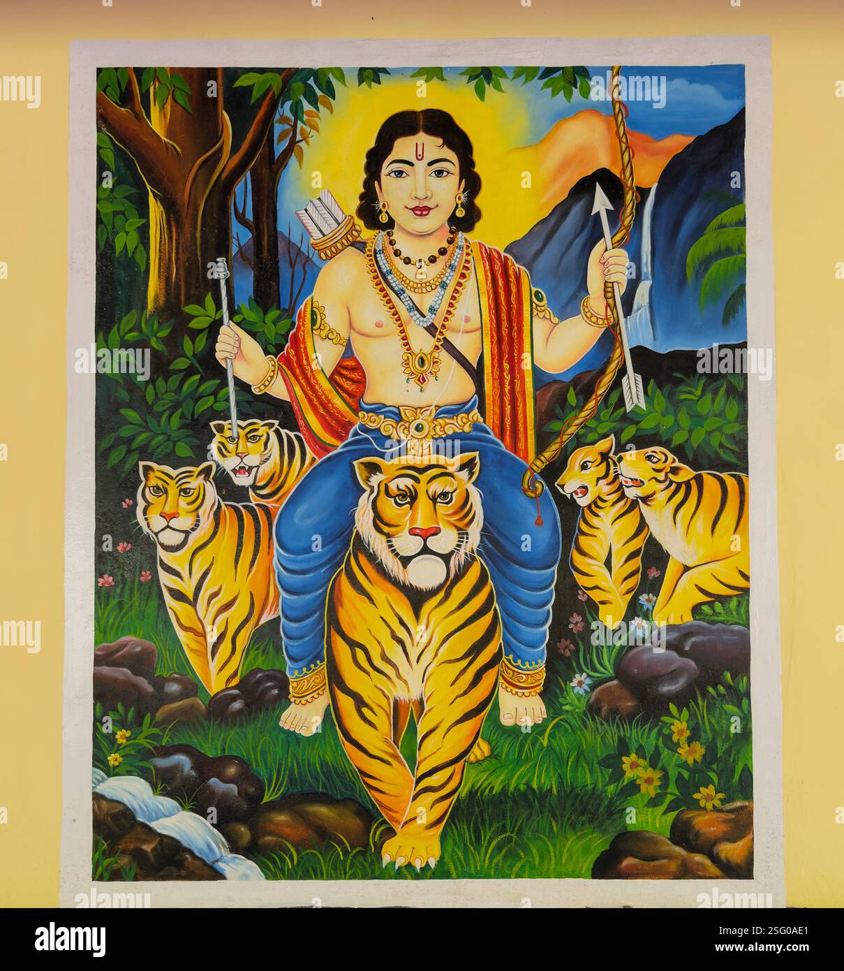 Painting of the goddess Durga riding a tiger at the Hindu temple on the ...